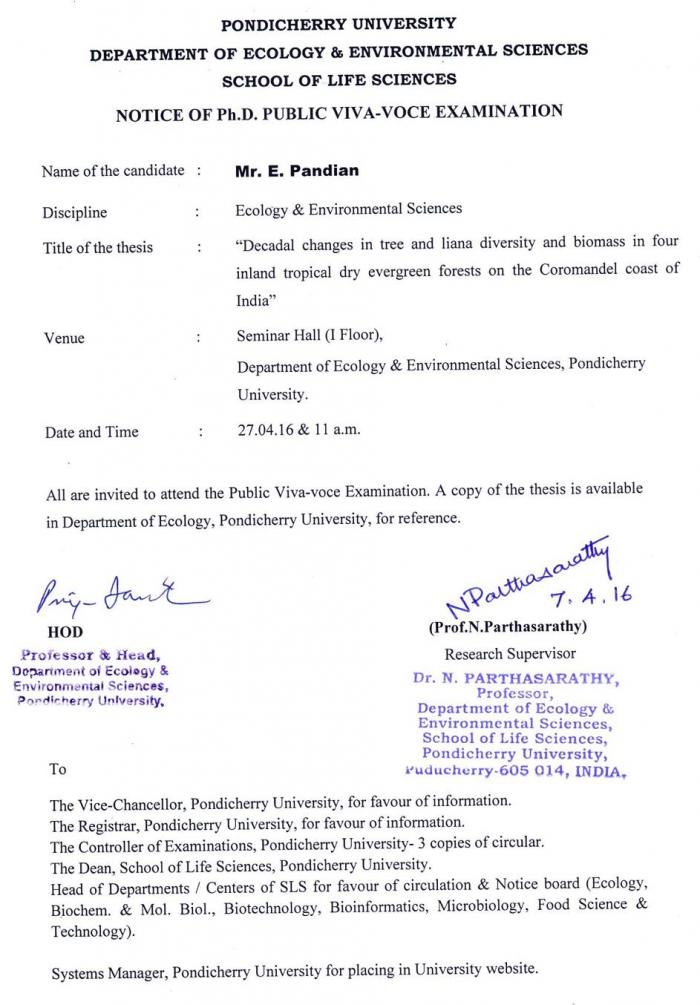 Ph D Public Viva Voce Examination Of Mr E Pandian On 27th April Ph D Public Viva Voce Examination Of Mr E Pandian On 27th April
