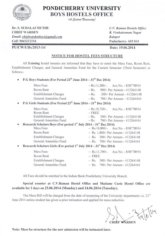 Hostel Fees Structure Pondicherry University