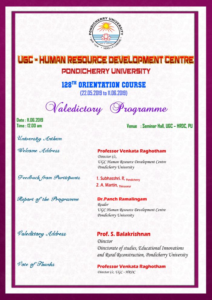 128th Orientation Course - Valedictory Programme | Pondicherry University