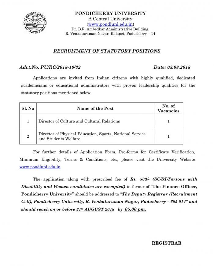 Recruitment of Statutory Position | Pondicherry University