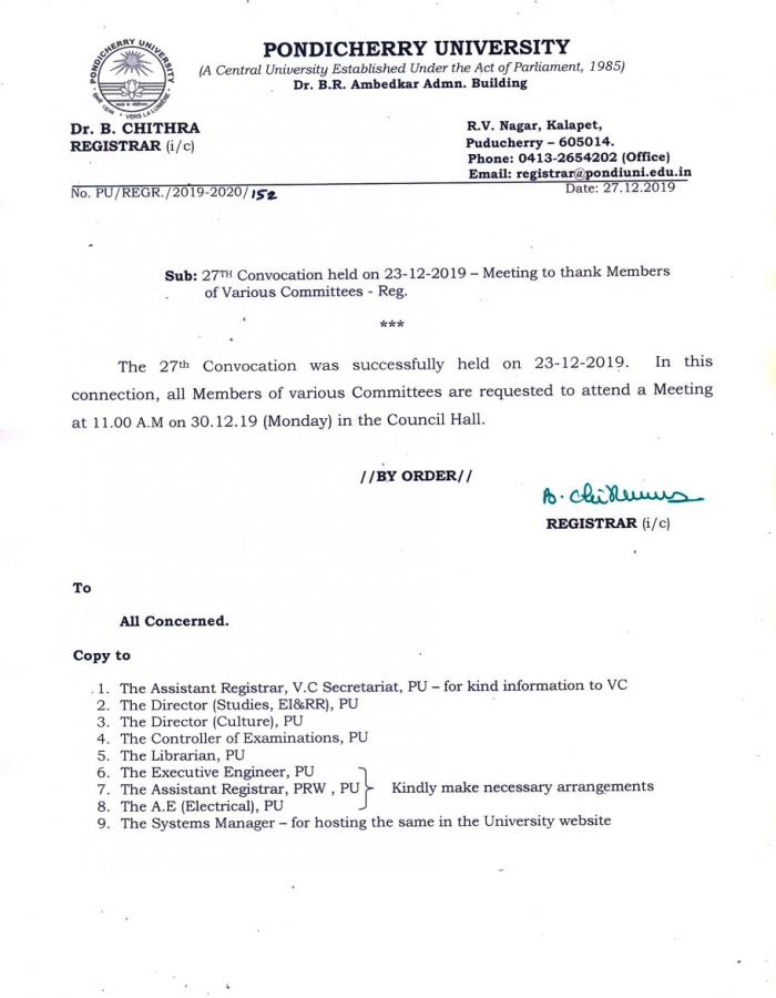 27th Convocation – Meeting to thank Members of Various Committees ...