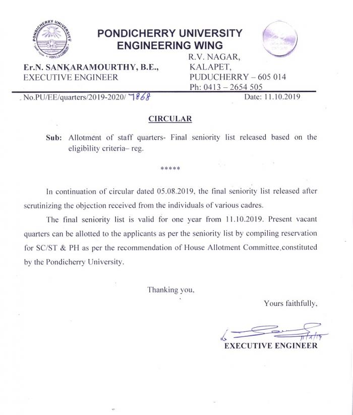 Allotment of Staff Quarters – Final Seniority List Released based on ...