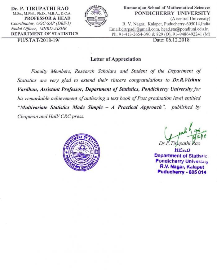Letter of Appreciation | Pondicherry University