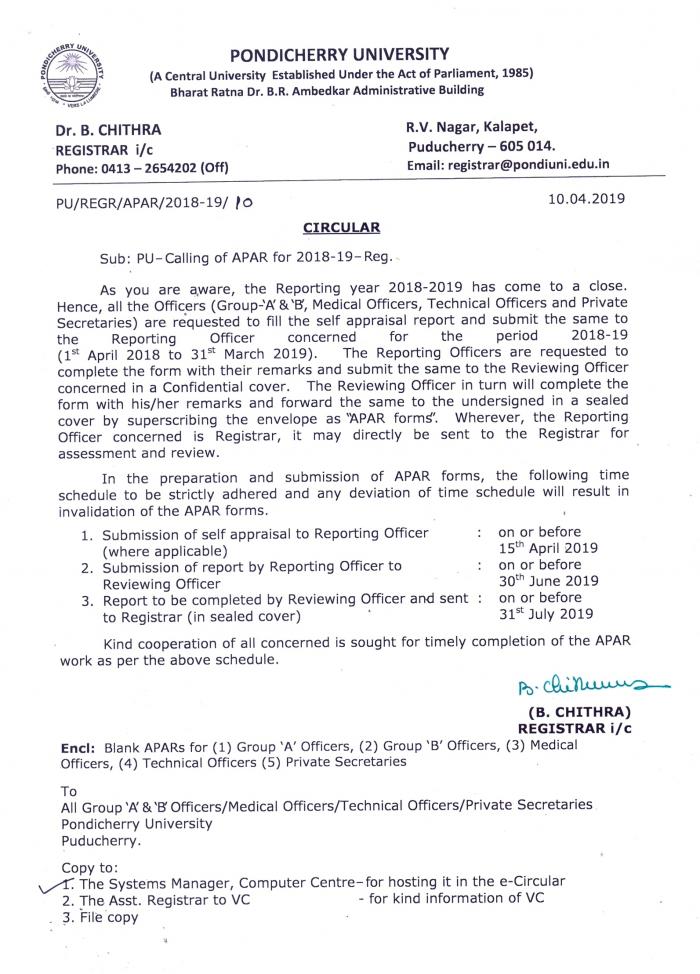 Calling of APAR for 2018-19 | Pondicherry University