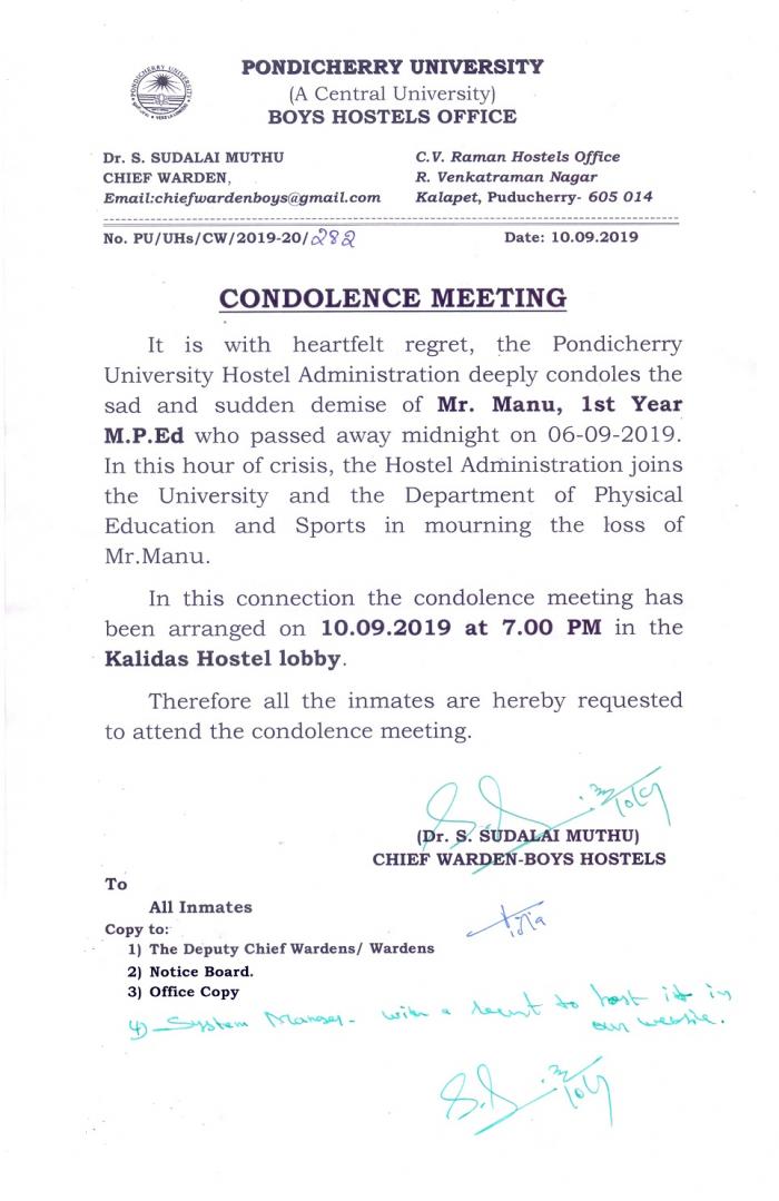 Condolence Meeting demise of Mr.Manu on 10.09.2019 at 7.00 pm ...