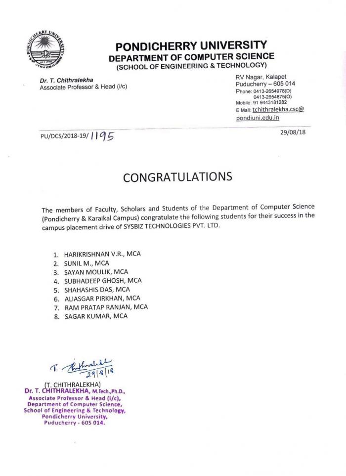 Students Achievement - Congratulations Message | Pondicherry University