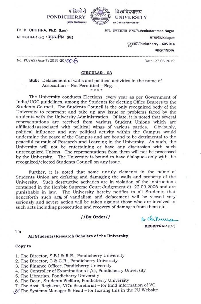 Defacement of Walls & Political Activities in the Name of Association ...