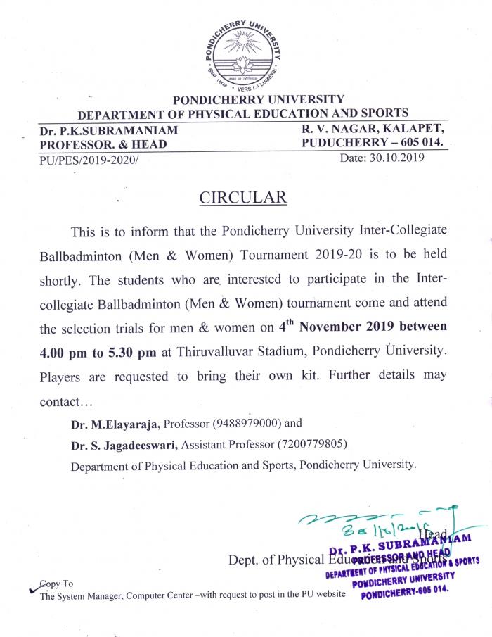 Inter-Collegiate Ballbadminton Tournament 2019-20 - Selection Trials ...