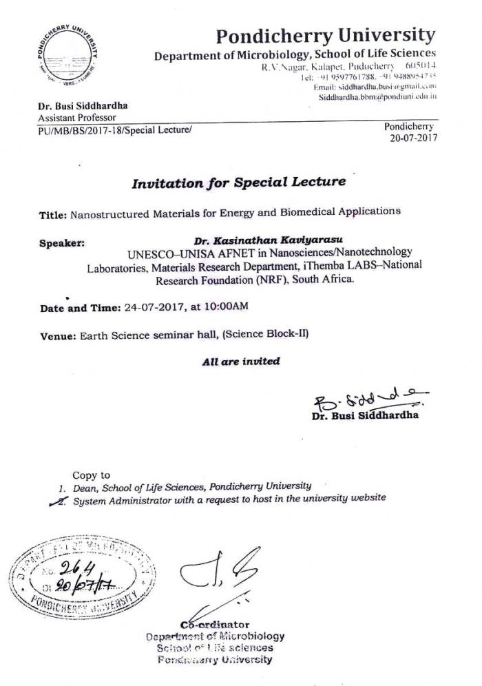 Invitation for Special Lecture Nanostructured Materials for Energy and ...