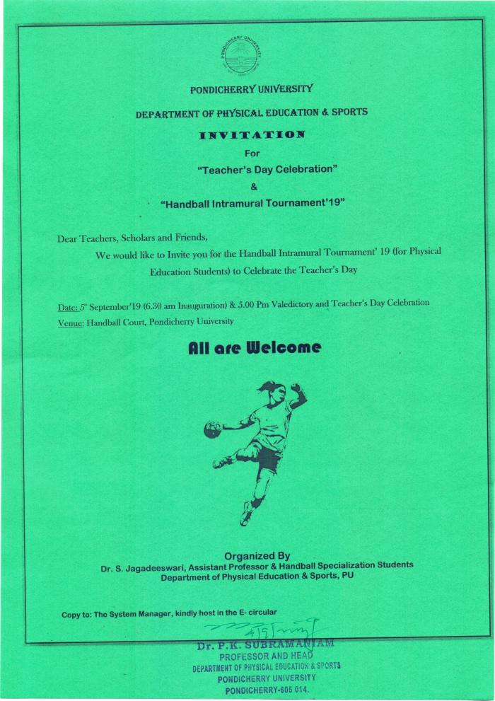 Invitation for Teachers’ Day Celebration & Handball Intramural ...