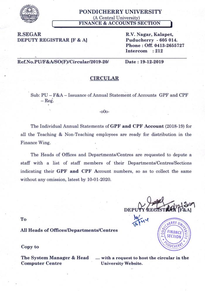 Issuance of Annual Statement of Accounts GPF & CPF | Pondicherry University