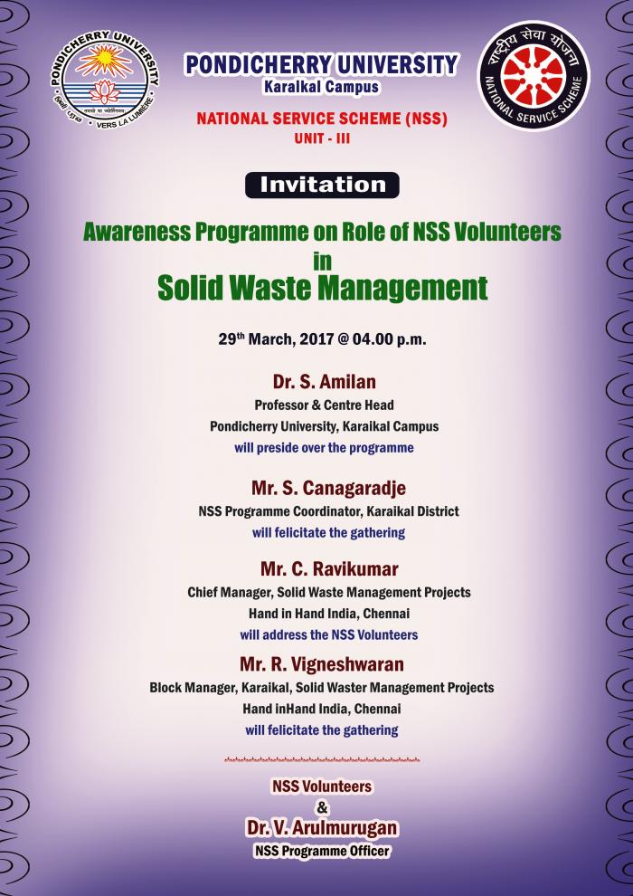 Invitation - Awareness Programme on Role of NSS Volunteers in solid ...