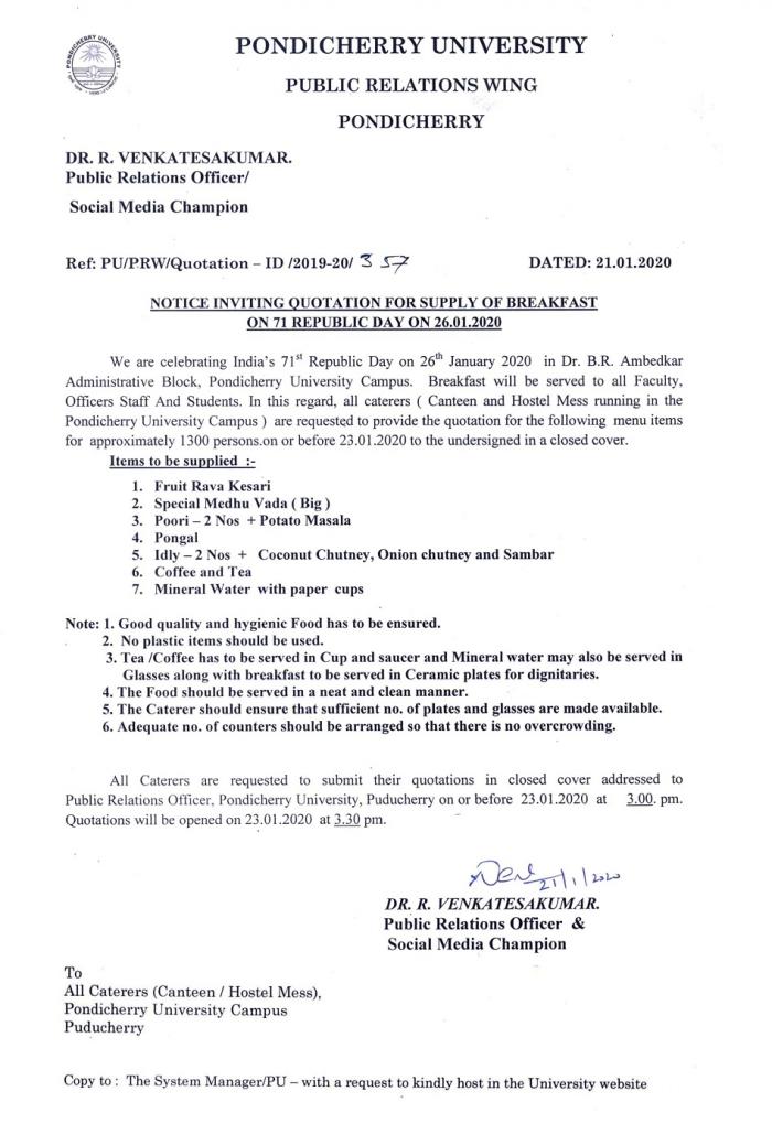 Notice Inviting Quotation for Supply of Breakfast on 71 Republic Day on ...