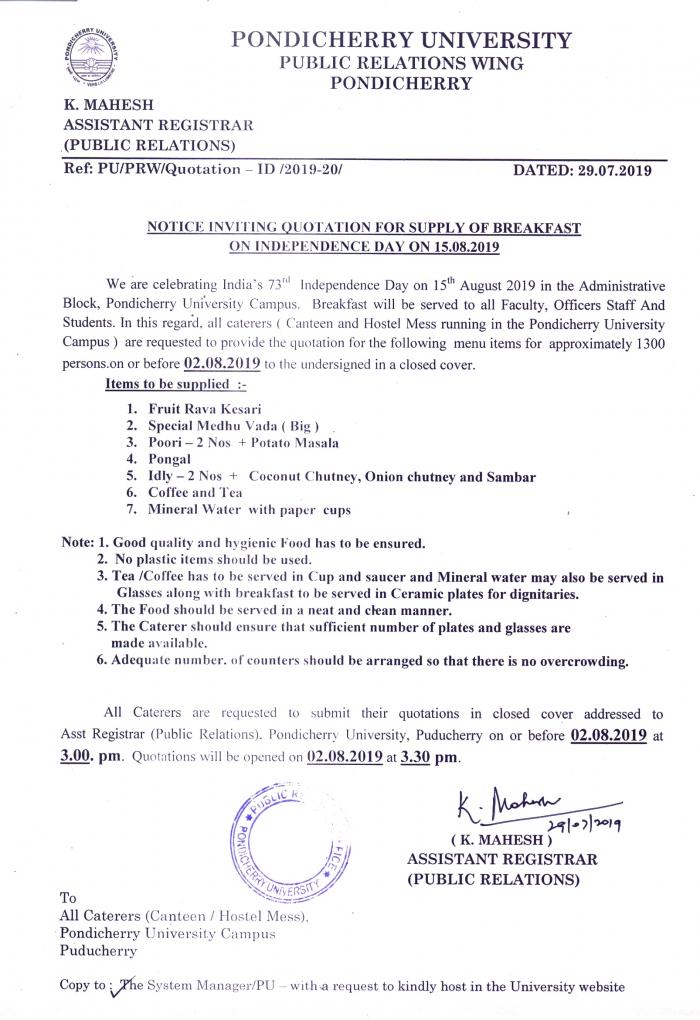 Notice Inviting Quotation for Supply of Breakfast on Independence Day ...