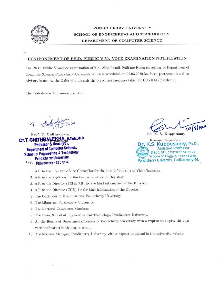 Postponement of Ph.D. Public Viva – Voce Examination Notification of Mr ...