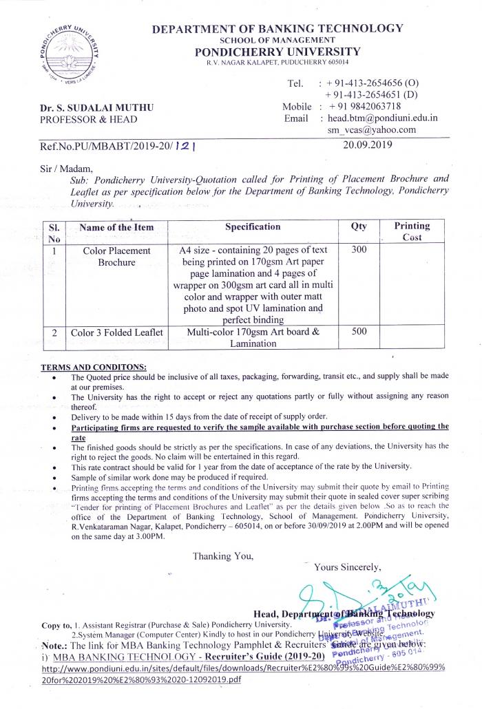 Quotation Called for Printing of Placement Brochure 2019-20 ...