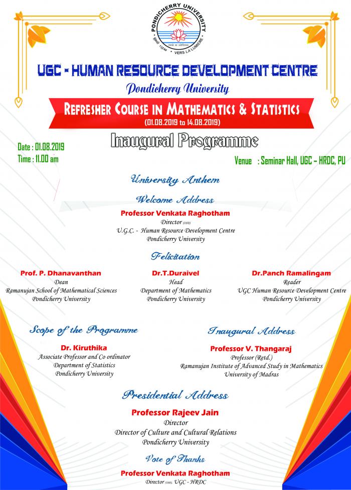 Refresher Course in Mathematics & Statistics | Pondicherry University