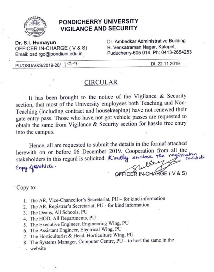 Request to Renew the Gate & Vehicle Entry Pass – Revised | Pondicherry ...