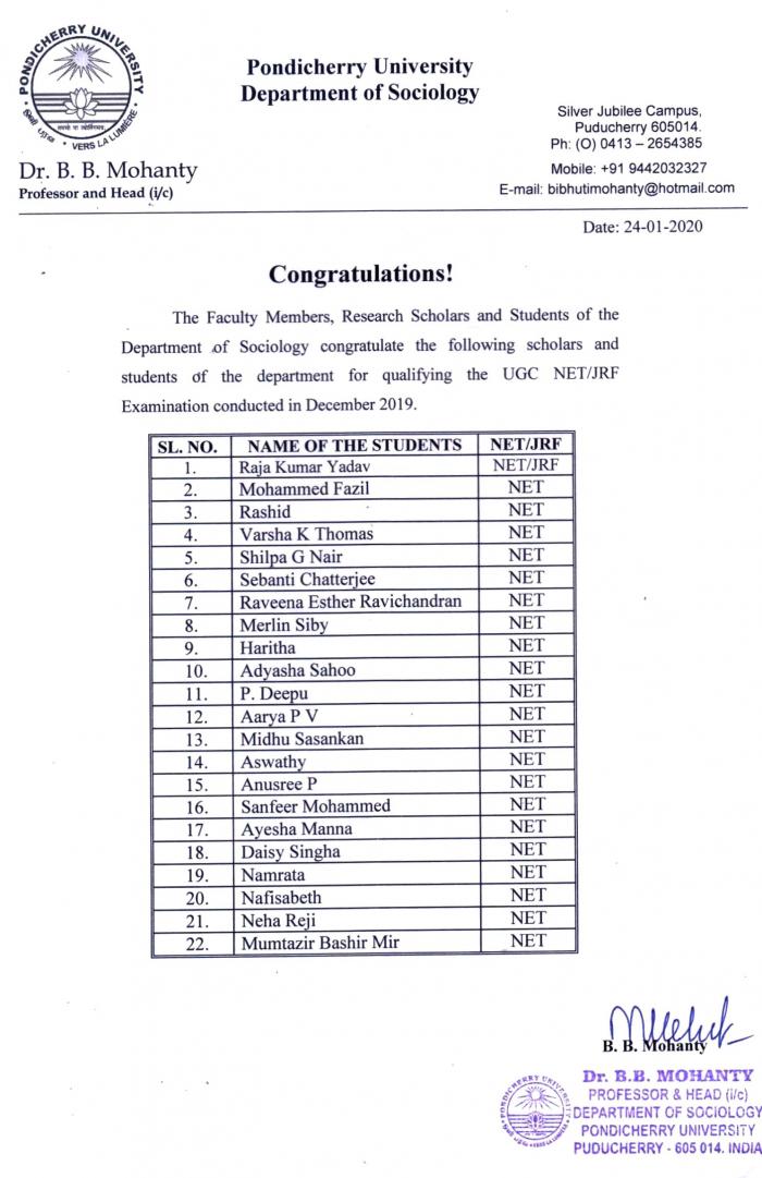 Students Achievement - Congratulations Message | Pondicherry University