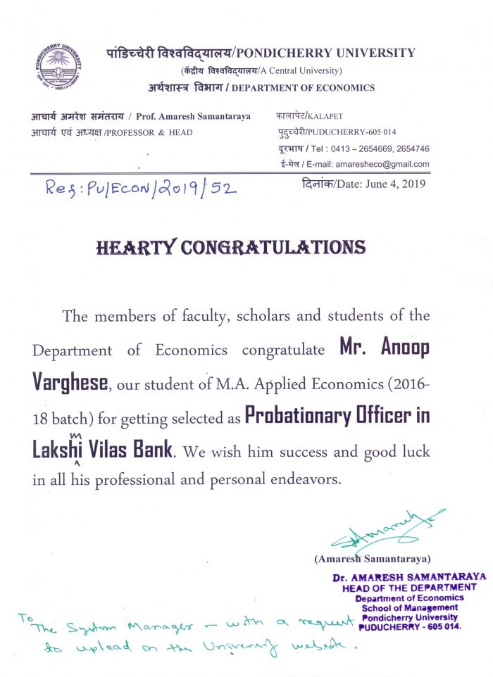 Student Achievement - Congratulations Message | Pondicherry University