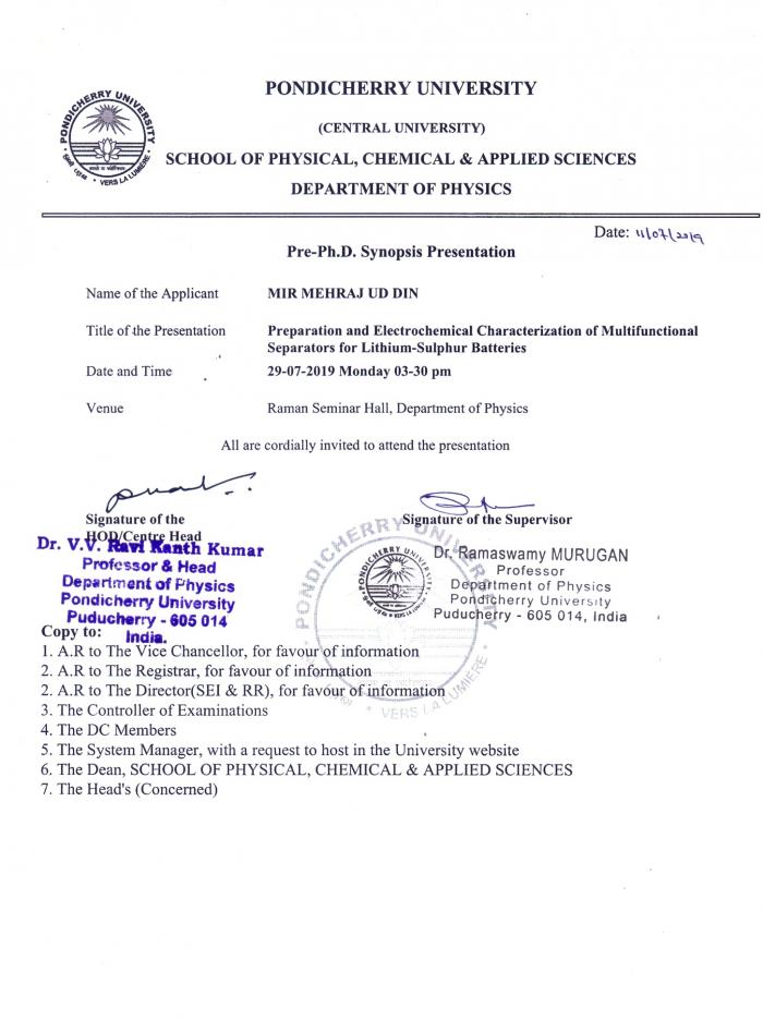 Pre-Ph.D. Synopsis Presentation of Mir Mehraj UD Din on 29th July 2019 ...