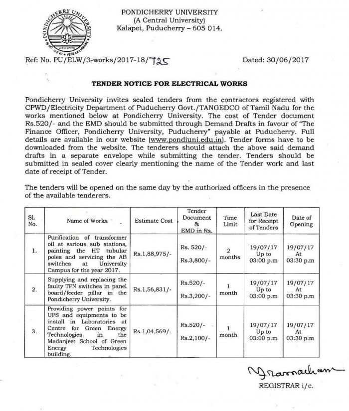 Tender Notice For Electrical Works - Electrical Wing | Pondicherry ...