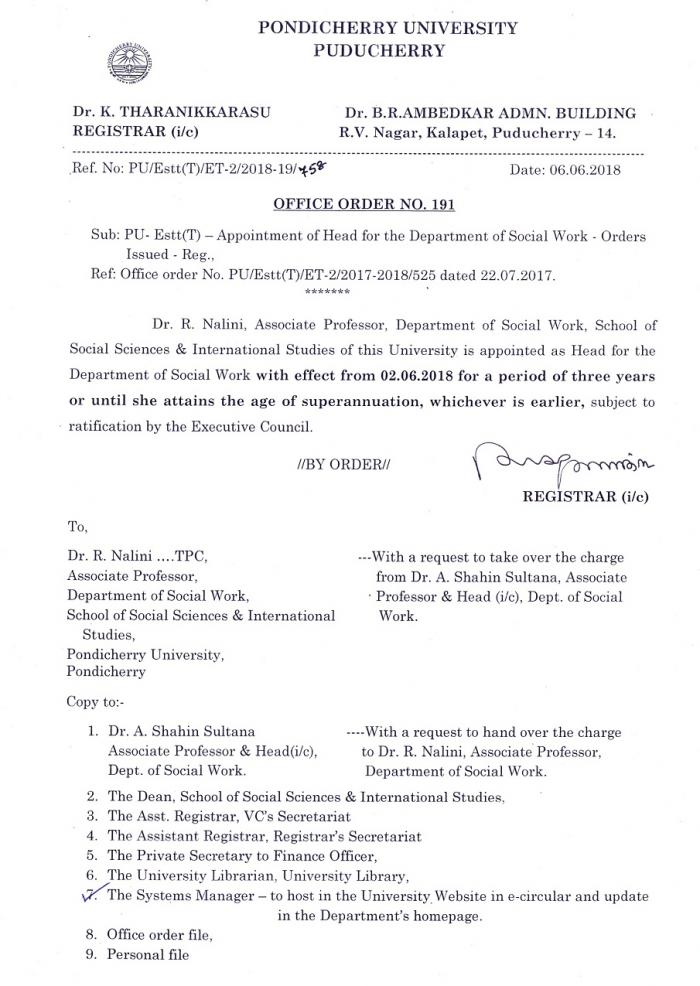 Appointment of Head for the Department of Social Work - Orders Issued ...