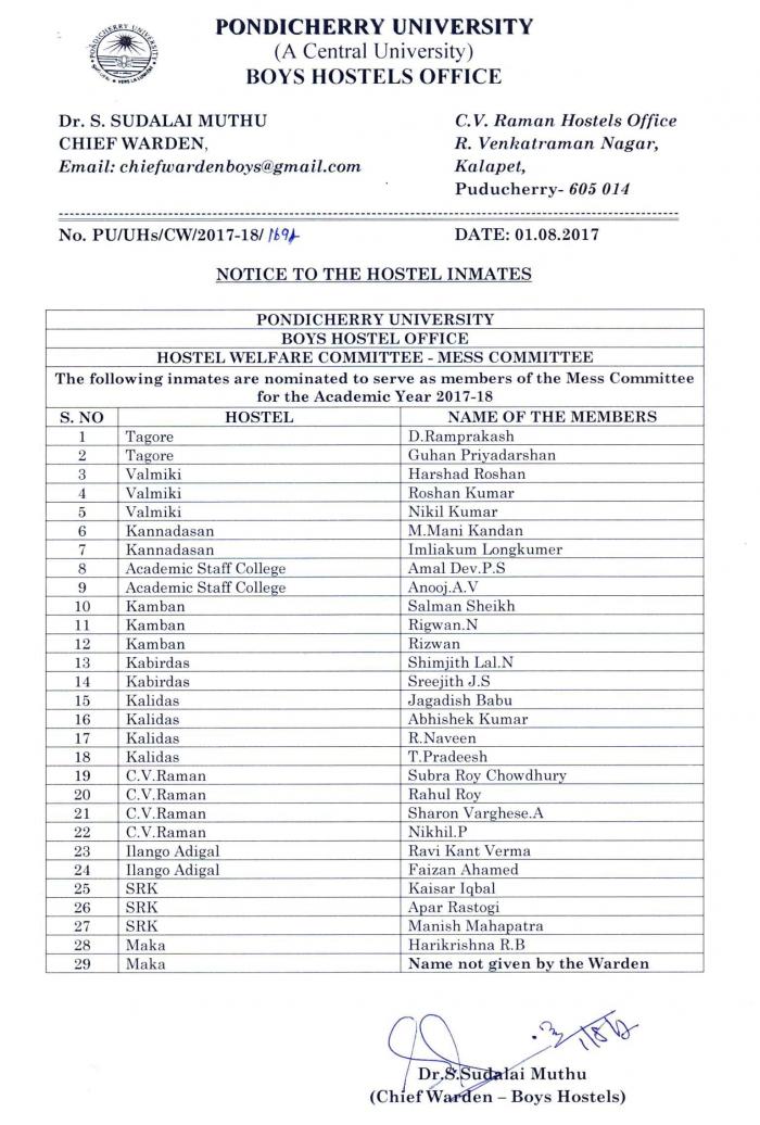 Welfare and Mess Committee for Hostels | Pondicherry University