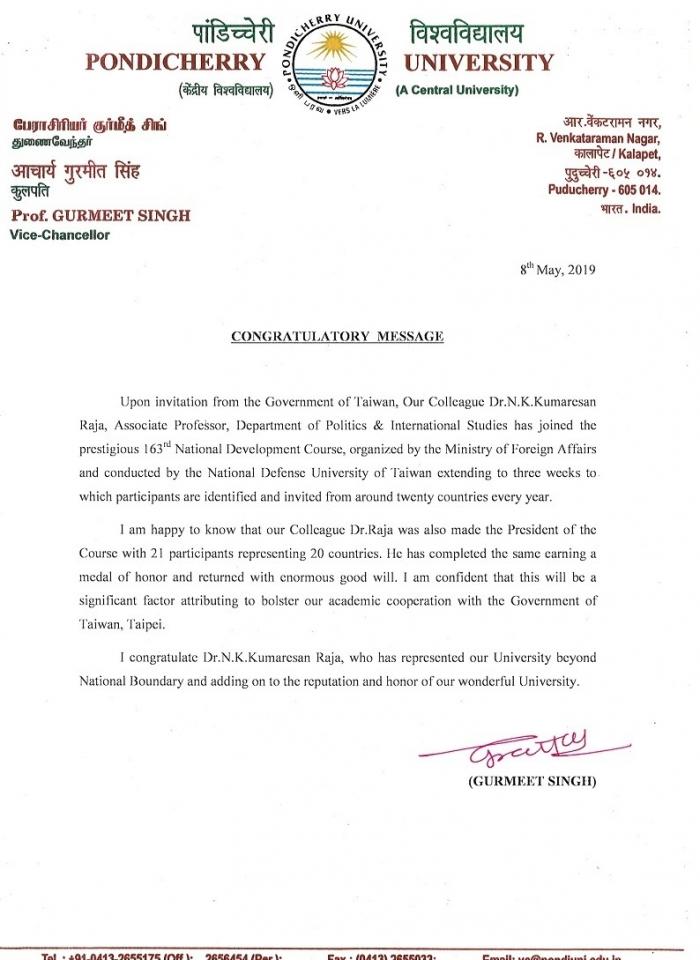 Congratulatory Message from Vice-Chancellor | Pondicherry University