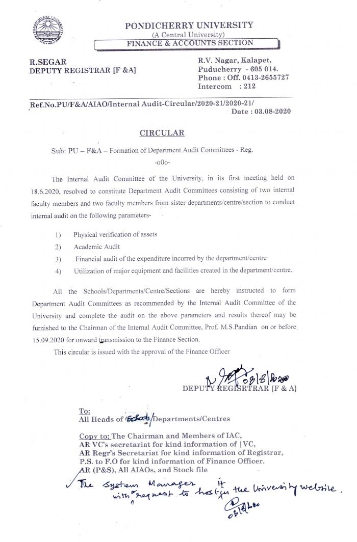 Formation of Department Audit Committees | Pondicherry University