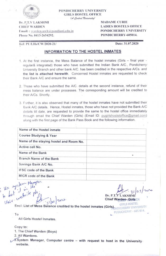 Information to Hostel Inmates (Girls Hostel) | Pondicherry University