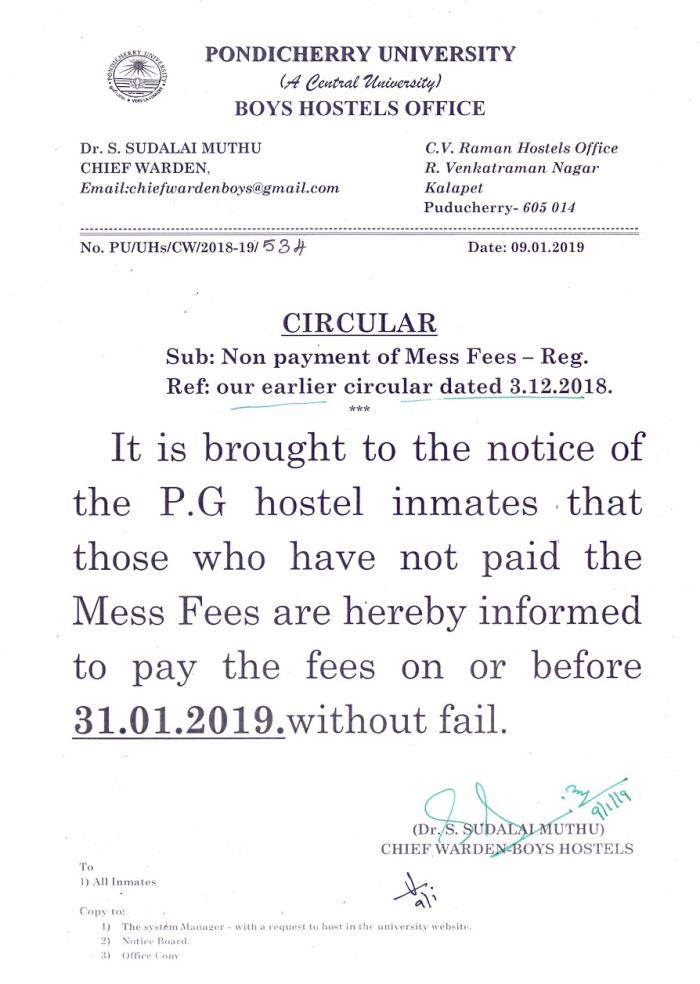 Non Payment of Mess Fees | Pondicherry University