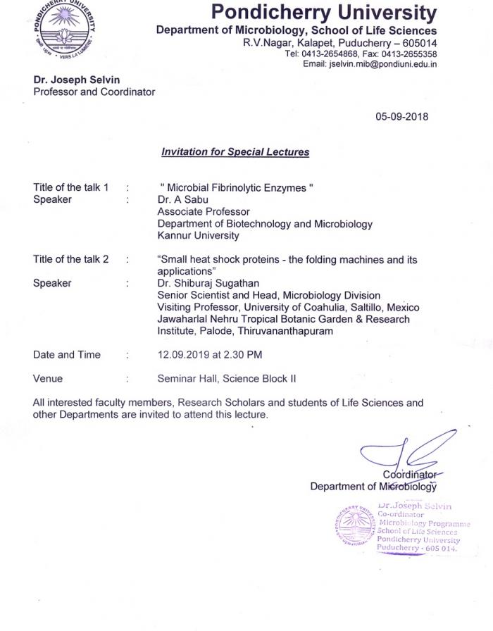Invitation for Special Lectures | Pondicherry University